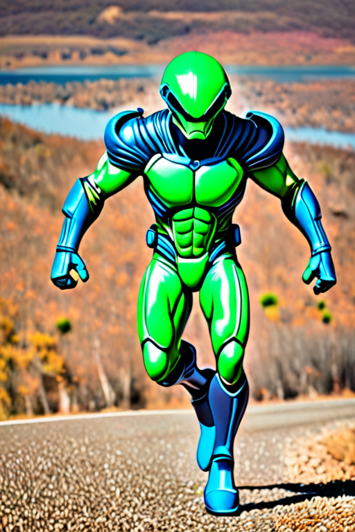 alien superhero flying with armor