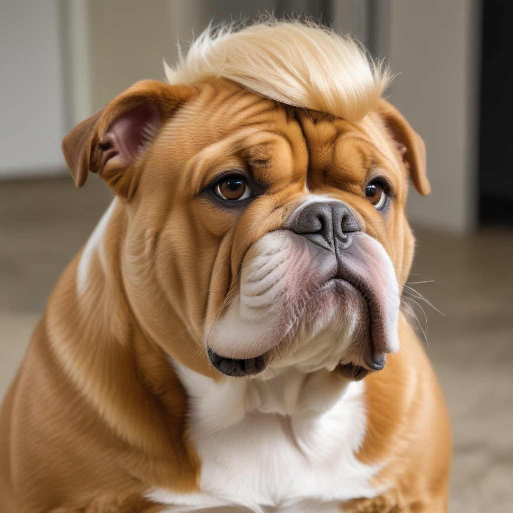 side view of an orange British bulldog with a big Donald Trump Hairstyle