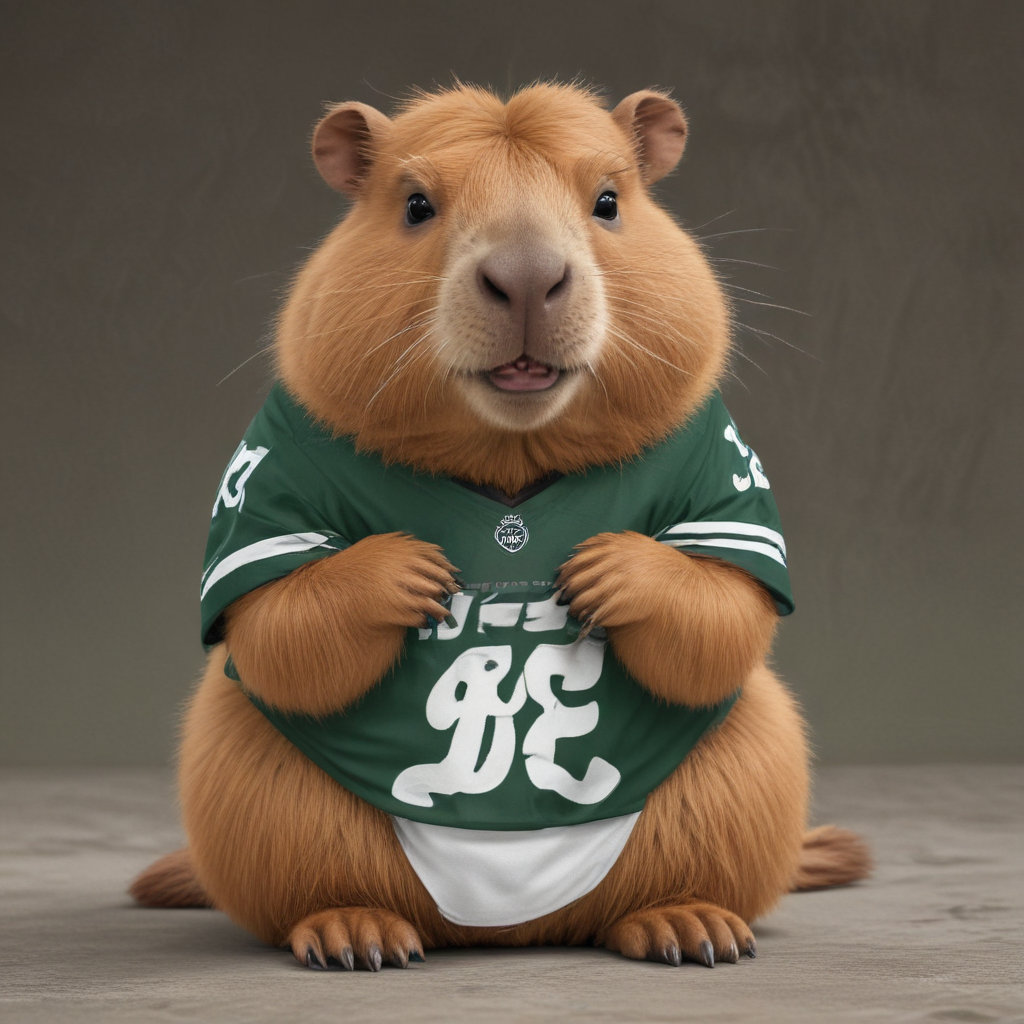Sad and crying cartoon capybara with a New York Jets jersey on