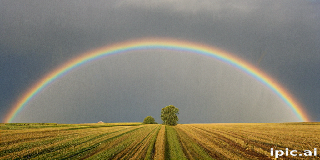 Vibrant Rainbow Arching Over Golden Fields Beneath Dramatic Stormy Sky