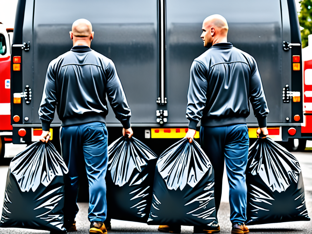 realistic handsome bald muscular garbagemen from behind carrying black ...