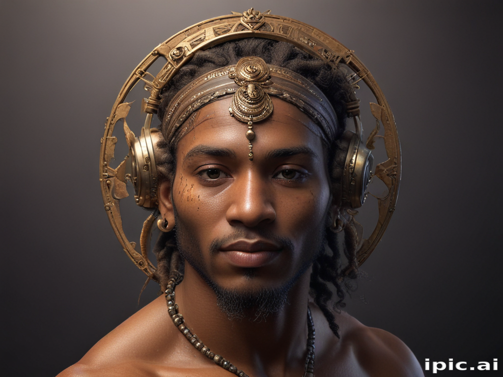 Regal Portrait of a Man Adorned with Intricate Headpiece and Jewelry