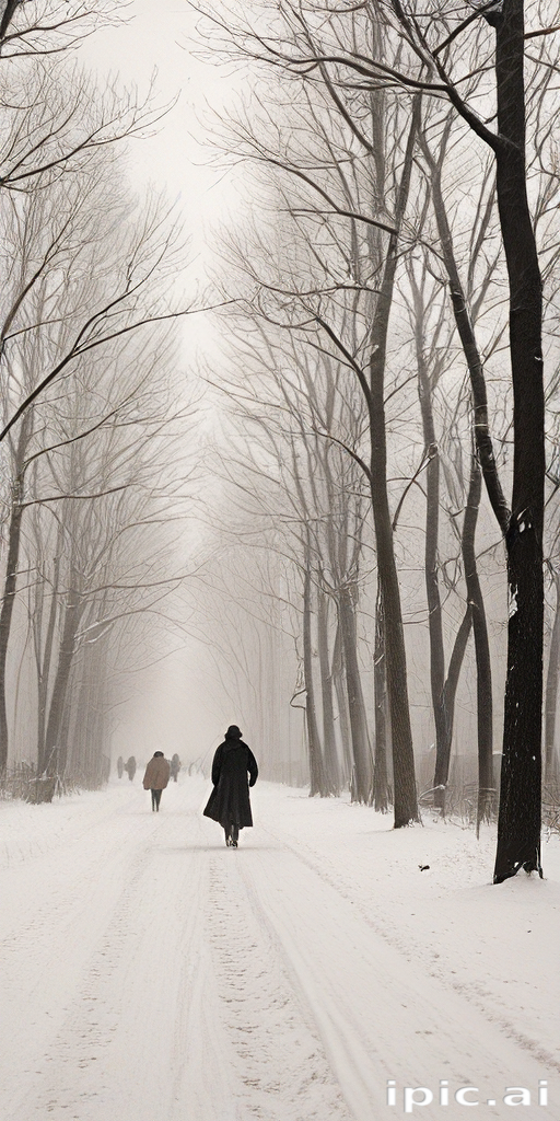 Serene Winter Scene: People Strolling Along a Snow-Covered Pathway