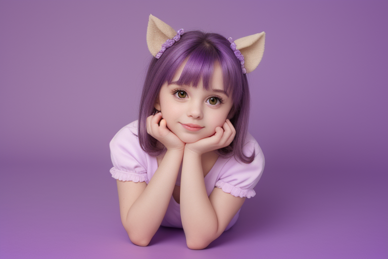 Adorable Child with Cat Ears Posing Gracefully Against a Purple Background