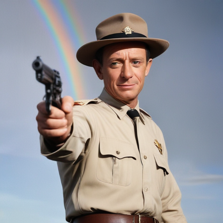 Barney Fife riding revolver over rainbow