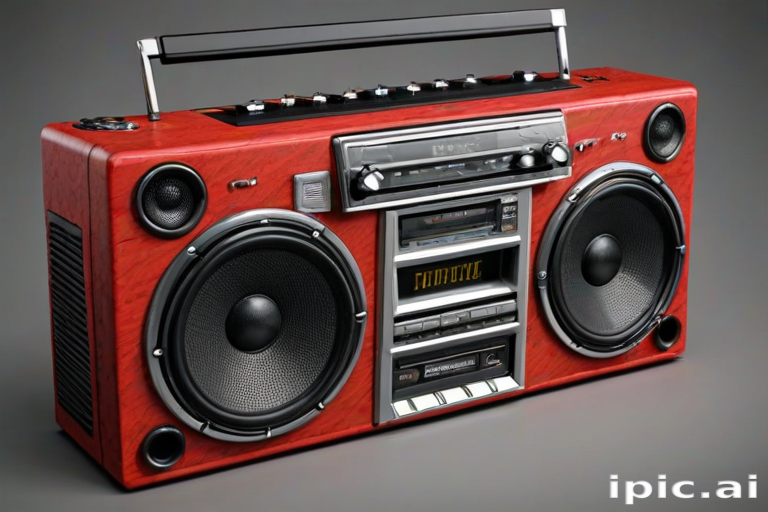 Retro Red Boombox with Dual Speakers and Classic Cassette Player Design