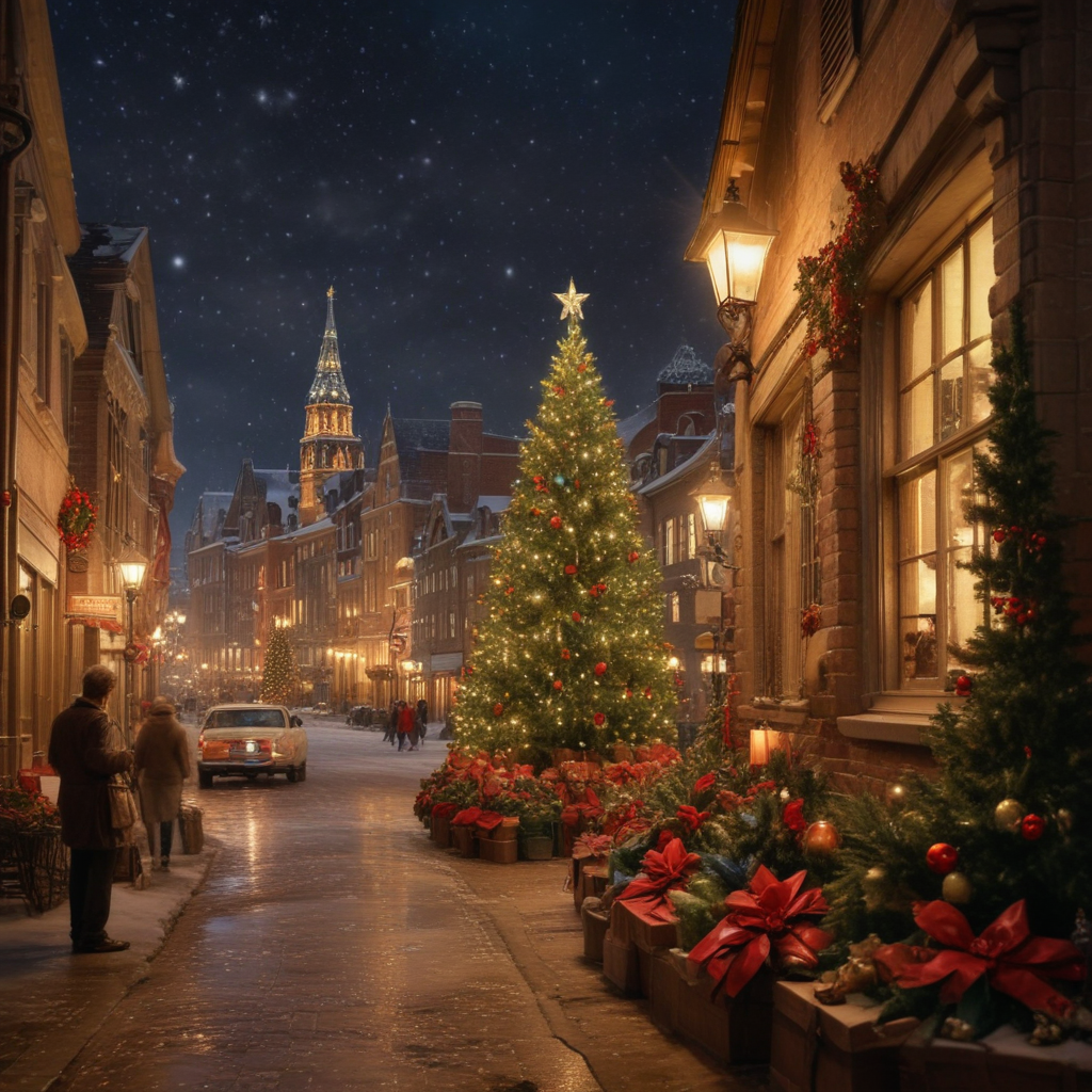 Charming Winter Street Scene Decorated for Christmas with Lights and Trees
