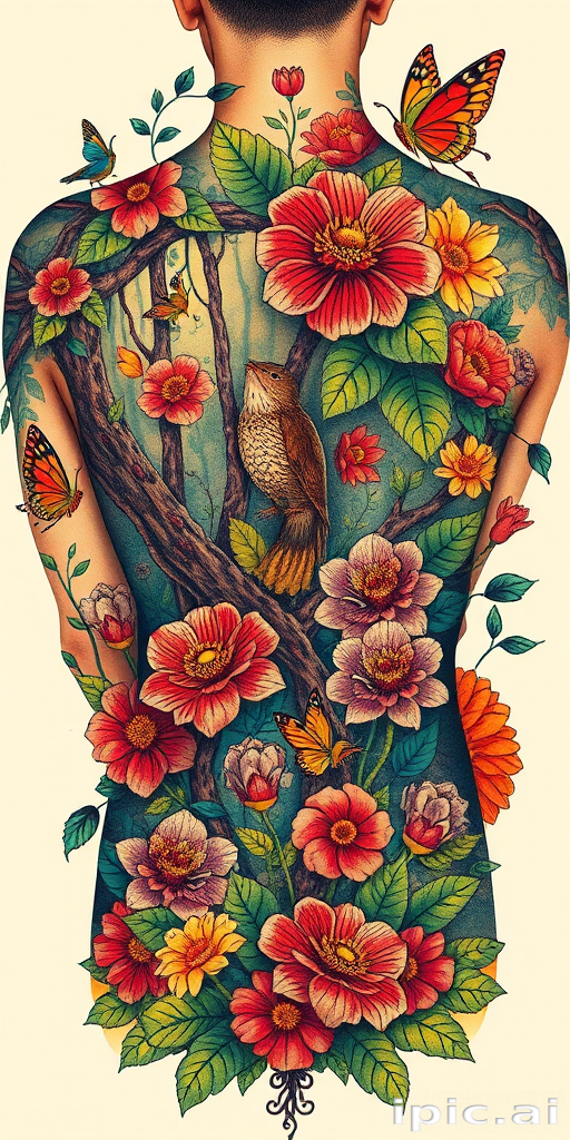 Vibrant Floral and Wildlife Tattoo Design Adorning a Person's Back