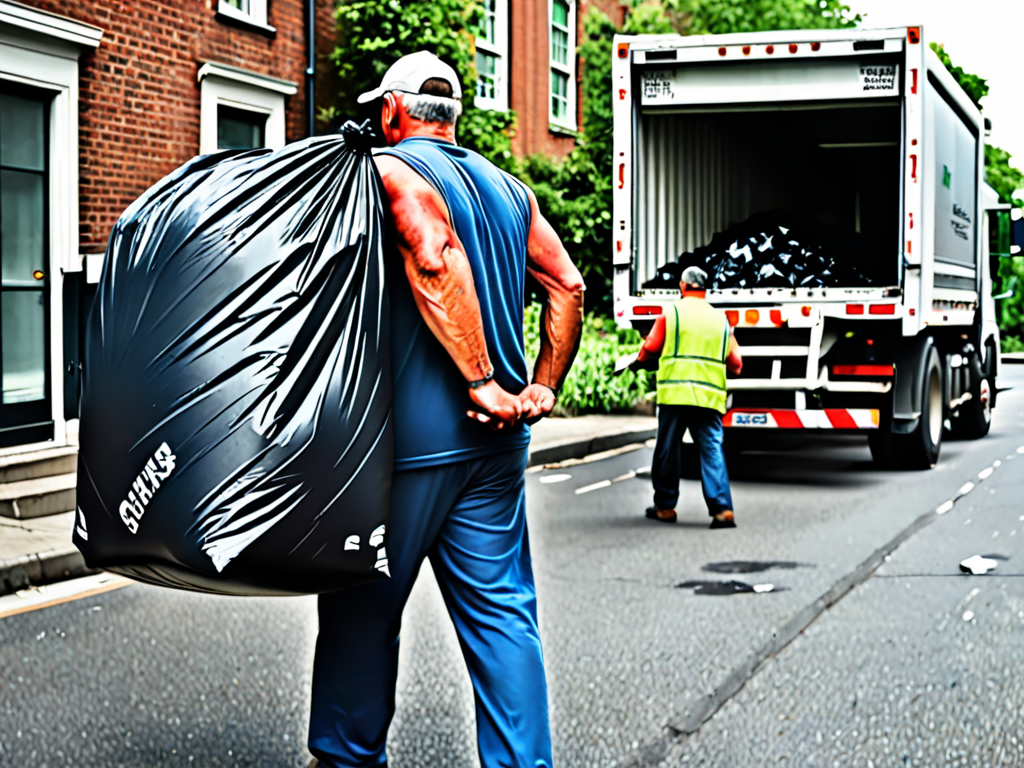 2 realistic older handsome muscular garbagemen from behind throwing ...