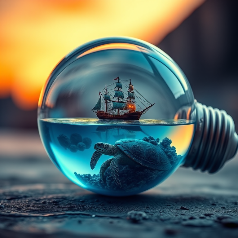 Create a surreal image of a glass bulb containing an aquatic scene with ...