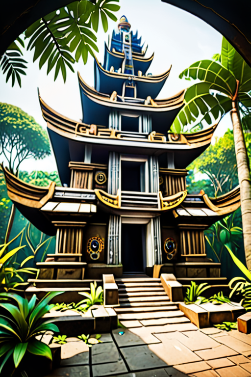 a steampunk maya temple from the outside in a jungle