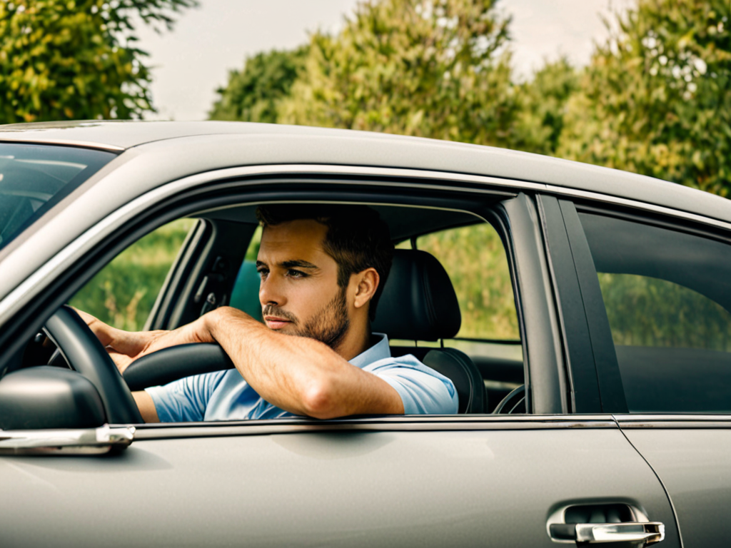 male driver in a car, full car side view
