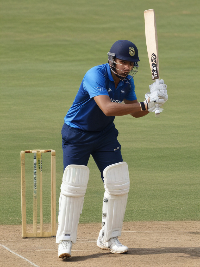 A men playing cricket in Indian jersey