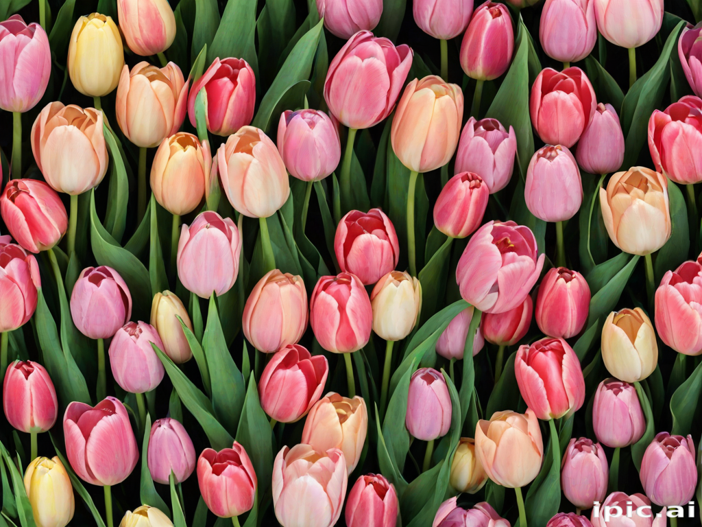 A Beautiful Array of Colorful Tulips in Full Bloom on Green Background.