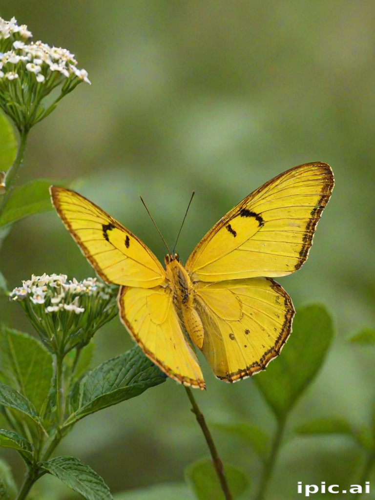 A Vibrant Yellow Butterfly Delicately Perched on a Flowering Plant.