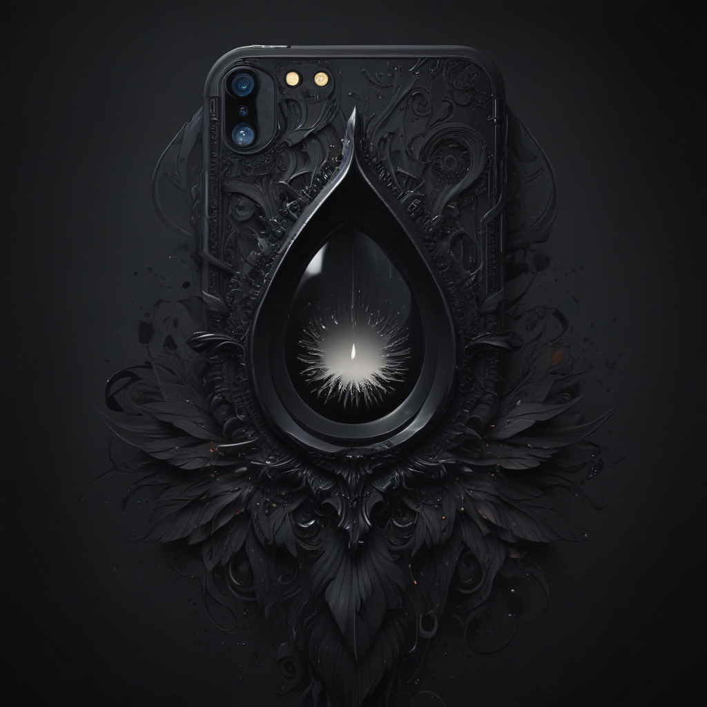 Intricate Black Phone Case Design Featuring a Mystical Droplet and Light