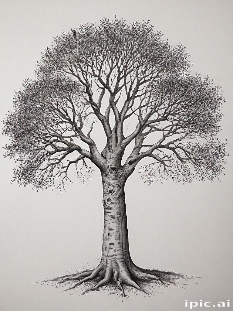 Intricately Detailed Illustration of a Leafless Tree with Visible Roots