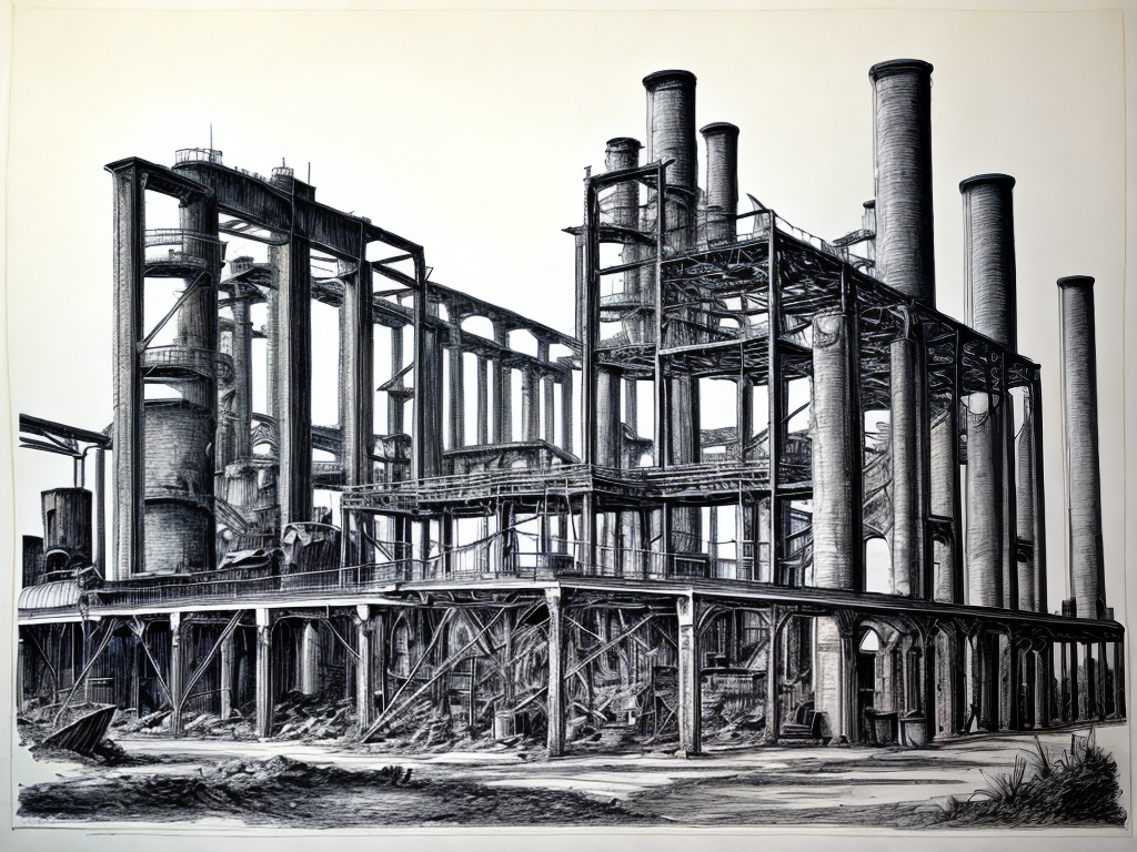 Pen and ink drawing of a ruined factory interiy
