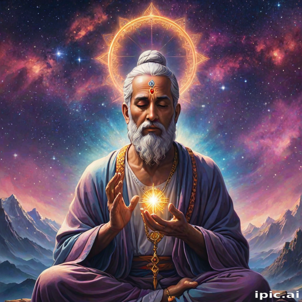 Ancient Sage Meditating in Cosmic Space, Harnessing Divine Light and Energy