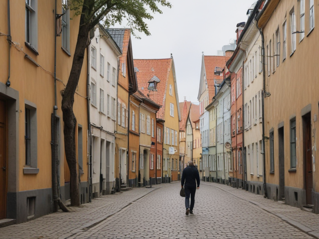 European man walking on the street in Scandinavian-like city with older ...