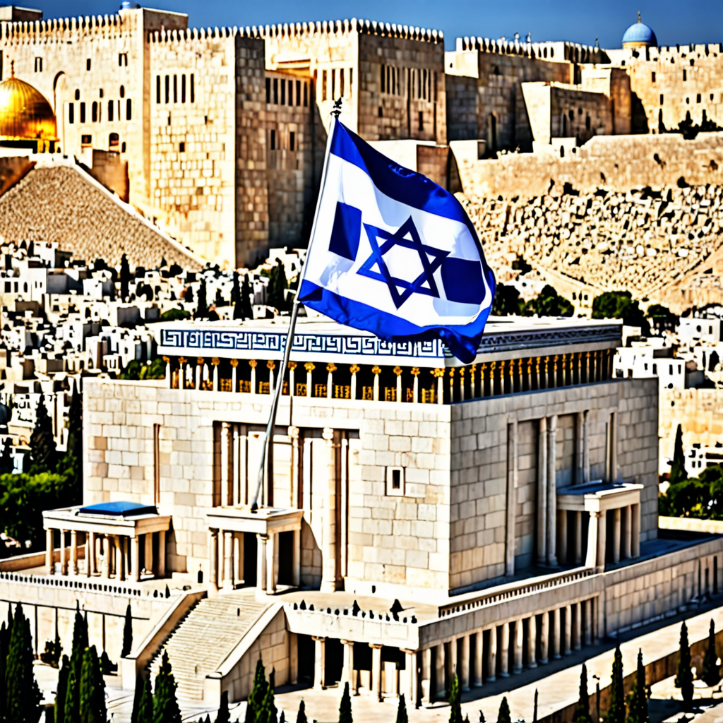 Jewish third temple with israel flag