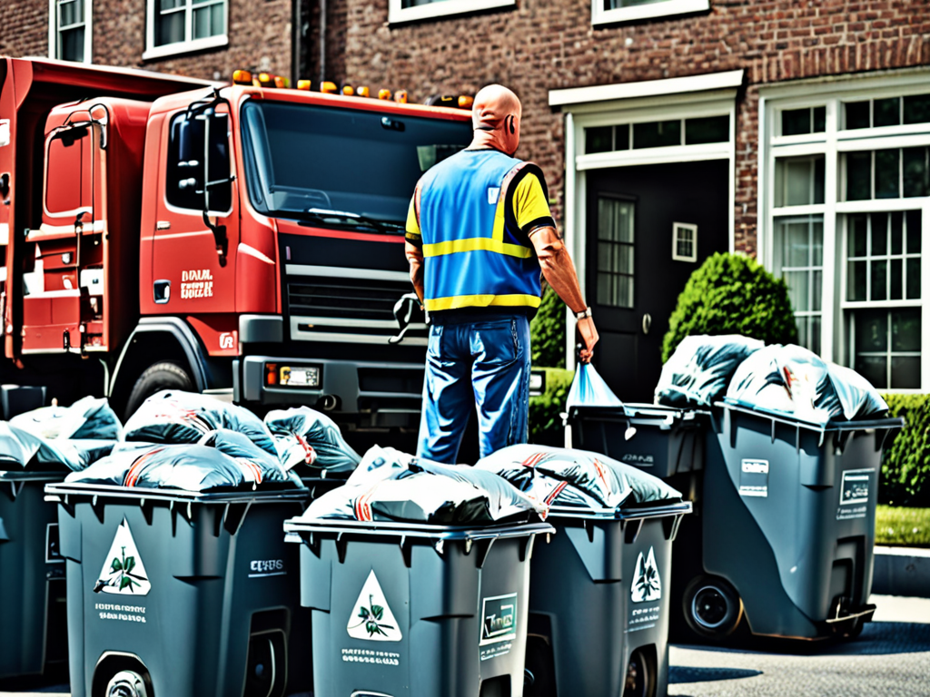2 realistic handsome older bald muscular garbagemen from behind ...