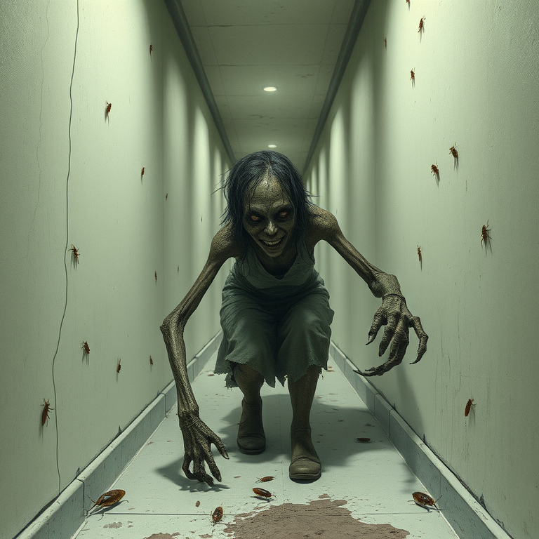A Dark and Creepy Hallway Encountering a Sinister Creature Crawling Forward