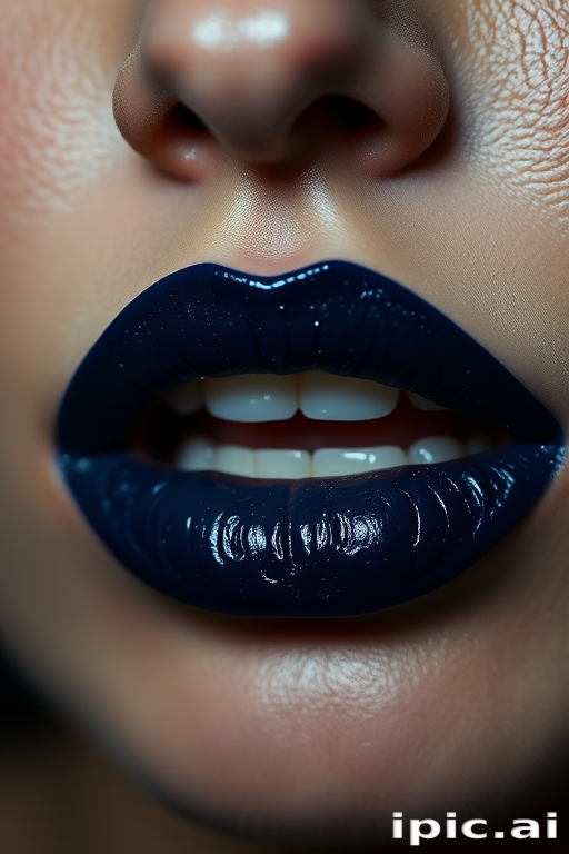 Close-Up of Glossy Dark Blue Lips Highlighting Wet Shine and Texture