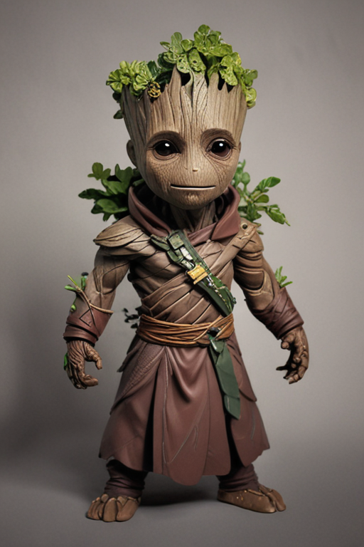 Baby Groot as a fantasy Druid with robe armor. He is 3 feet tall.