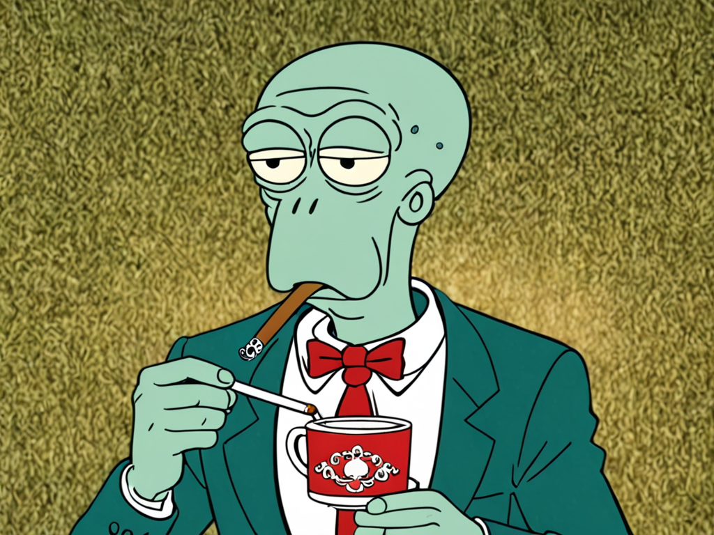 I want you to illustrate the squidward character in anime while he is ...
