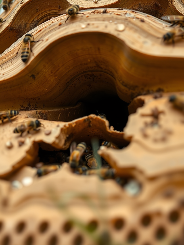 Intricate Beehive Structure with Bees Busy at Work and Nesting