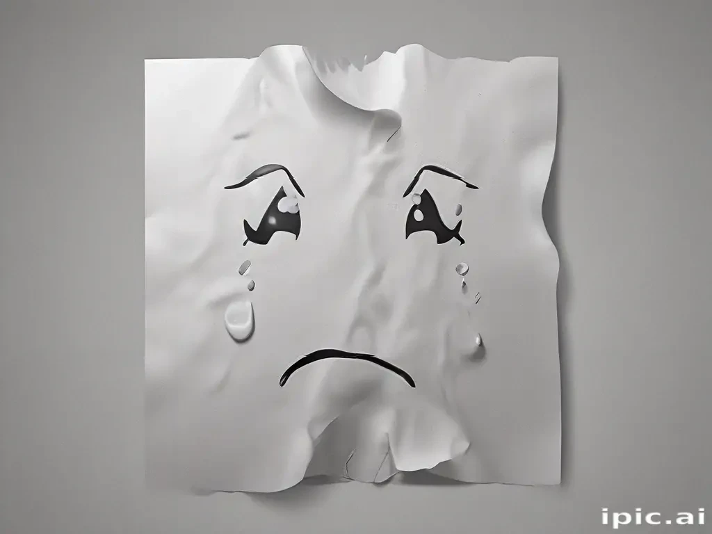 Crumpled Paper Expressing Sadness with Tears and a Frowning Face