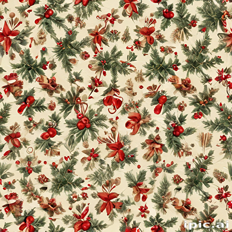 Festive Holiday Pattern Featuring Red Bows, Berries, and Green Foliage