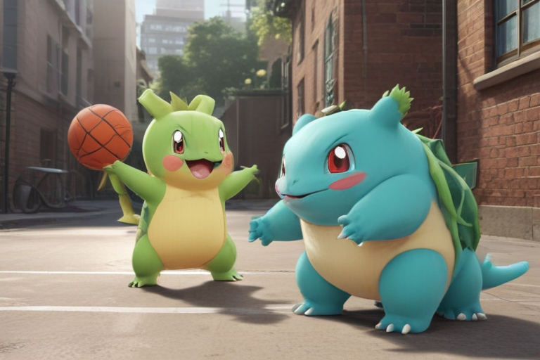 An animated scene of Pokémon characters Bulbasaur and male character ...