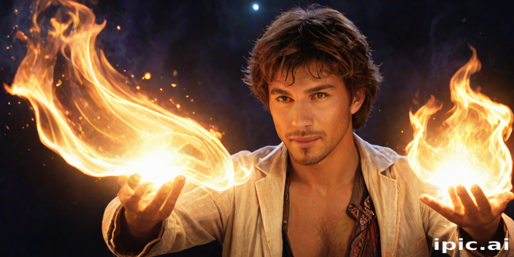 Young Man Harnessing Fire with Confidence and Mystical Energy in Hands