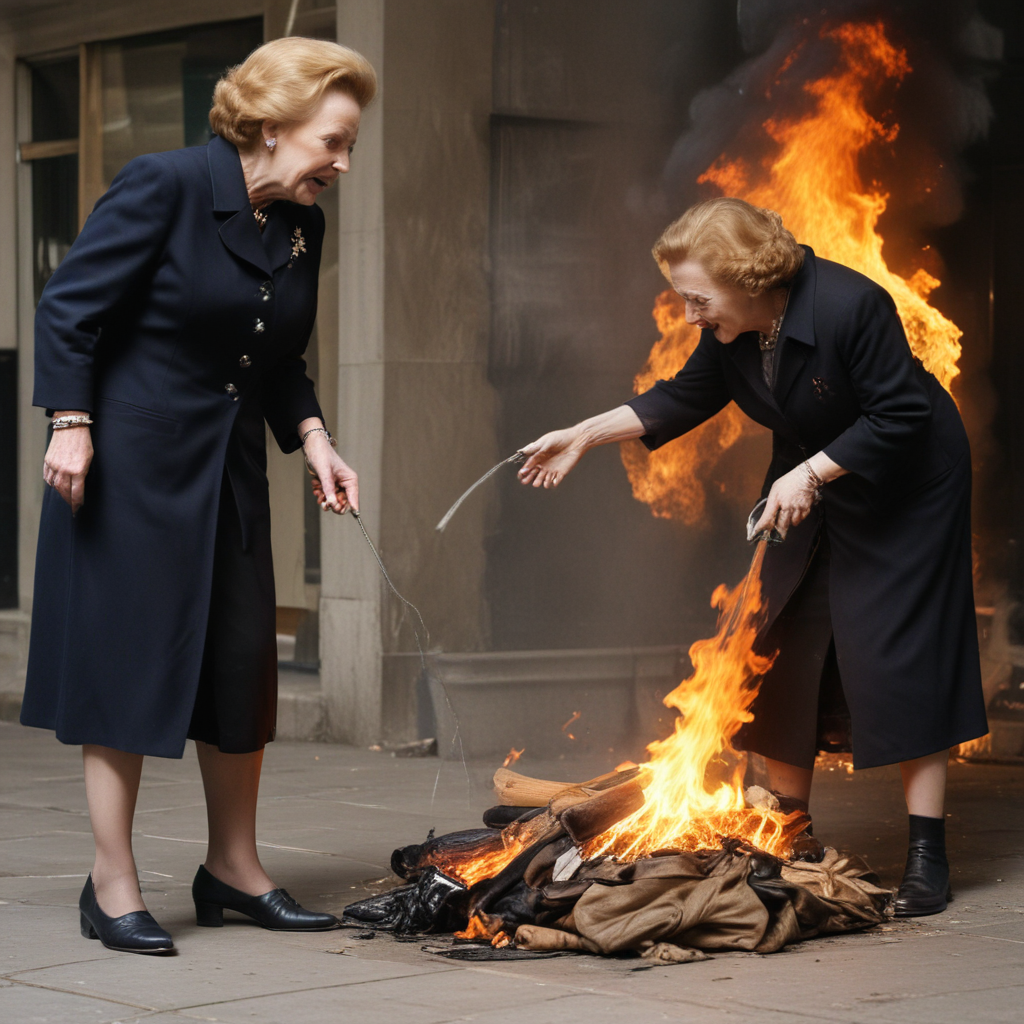Margaret Thatcher burning a homeless person