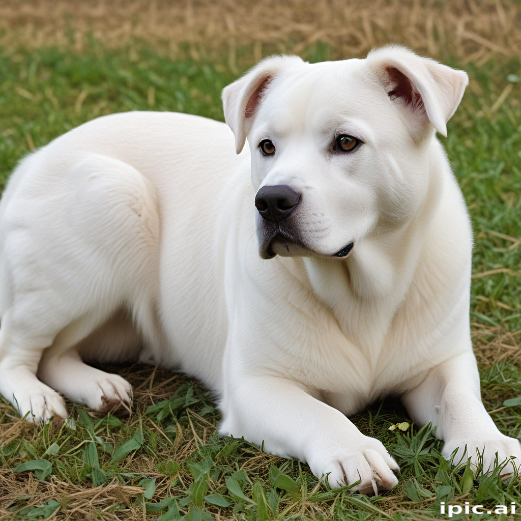 A Beautiful White Dog Relaxing Peacefully on Green Grass Outdoors.