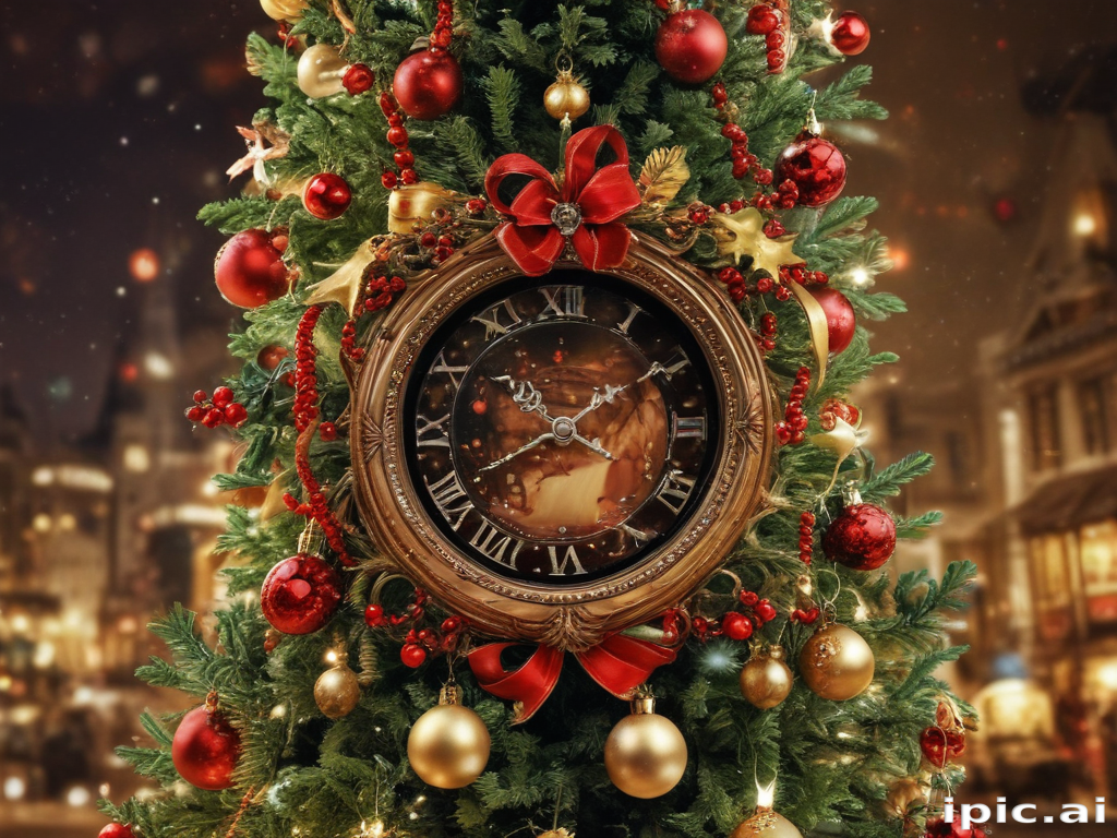 Festive Christmas Tree Decorated with Ornaments and a Beautiful Clock
