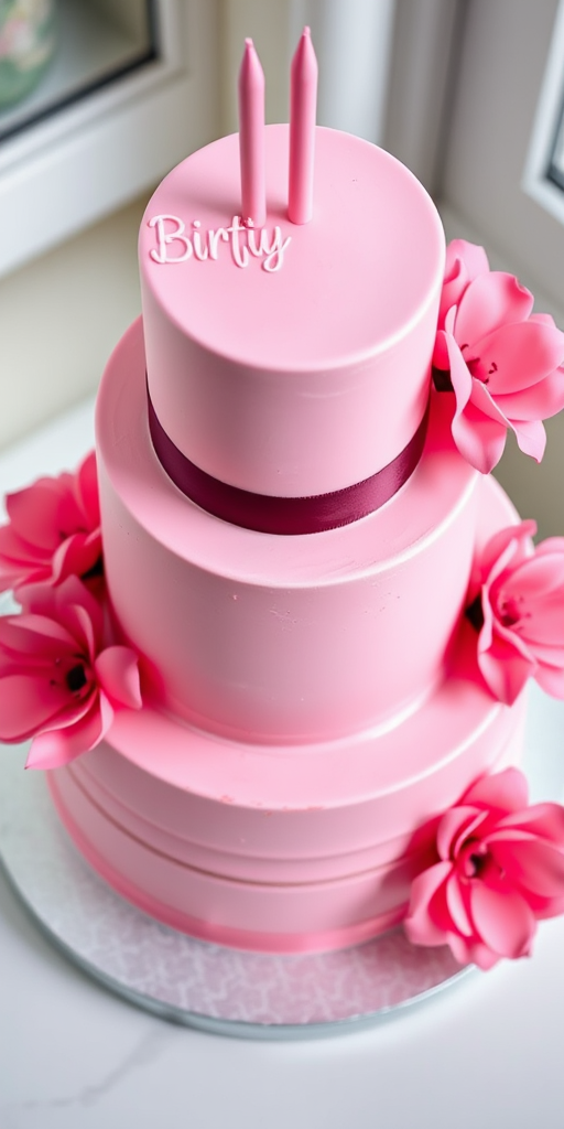 Create a three-tiered pink birthday cake with dark maroon ribbons and ...