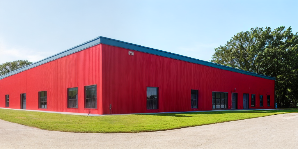 industrial building transformed into a festive present with a red bow