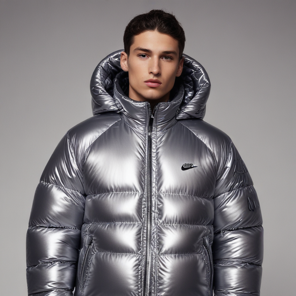 Male supermodel nike shiny puffer jacket bling jewellery hood