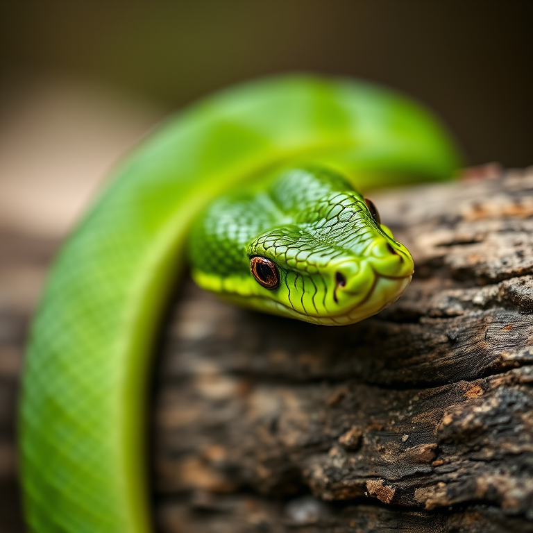 A Close-Up of a Vibrant Green Snake Curled on a Log.