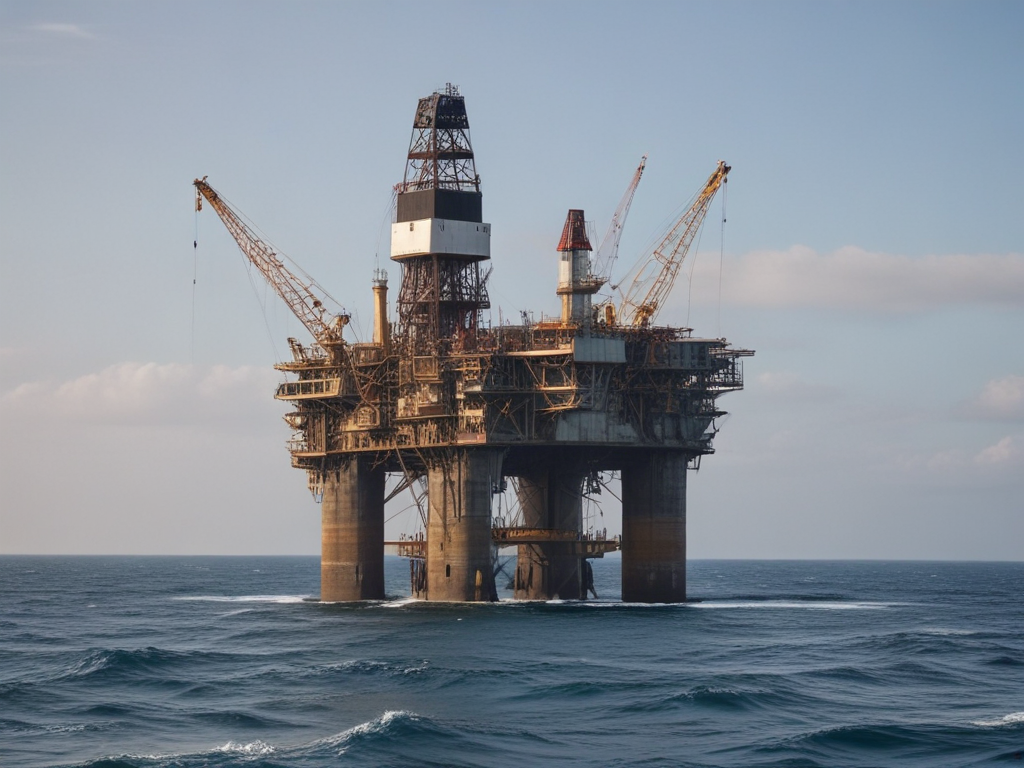 far distant view of an oil platform rig located in the ocean