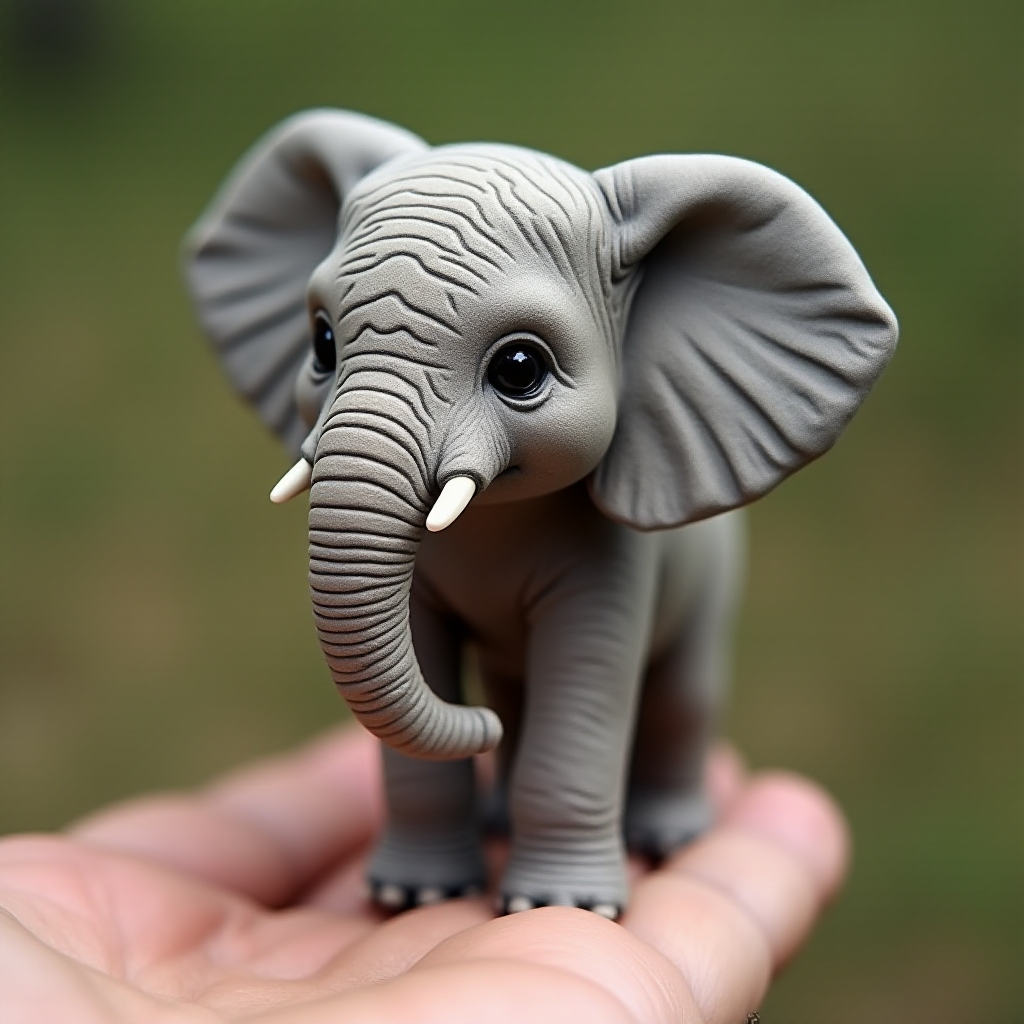 A Cute, Small Elephant Figurine Held Gently in a Person's Hand.