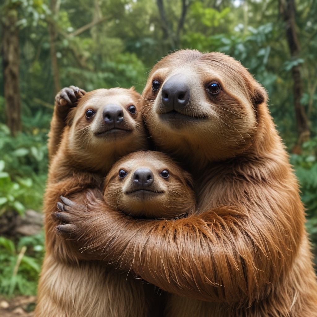 a beaver and a sloth hugging while waving at the camera