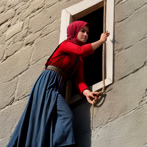 Rahab letting out the spies down a piece of rope out of her window
