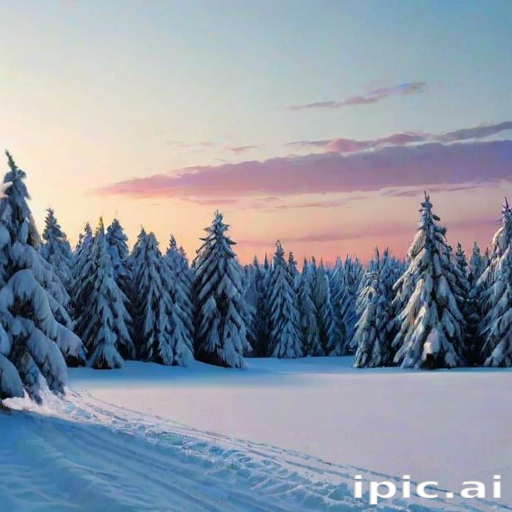 Serene Winter Landscape with Snow-Covered Trees and Colorful Sunset Sky