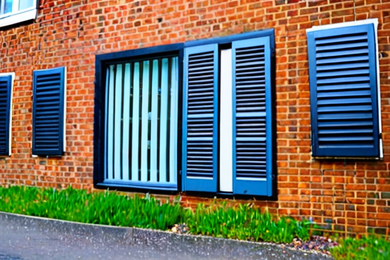 an external straight at camera shot of an office window, shutters down
