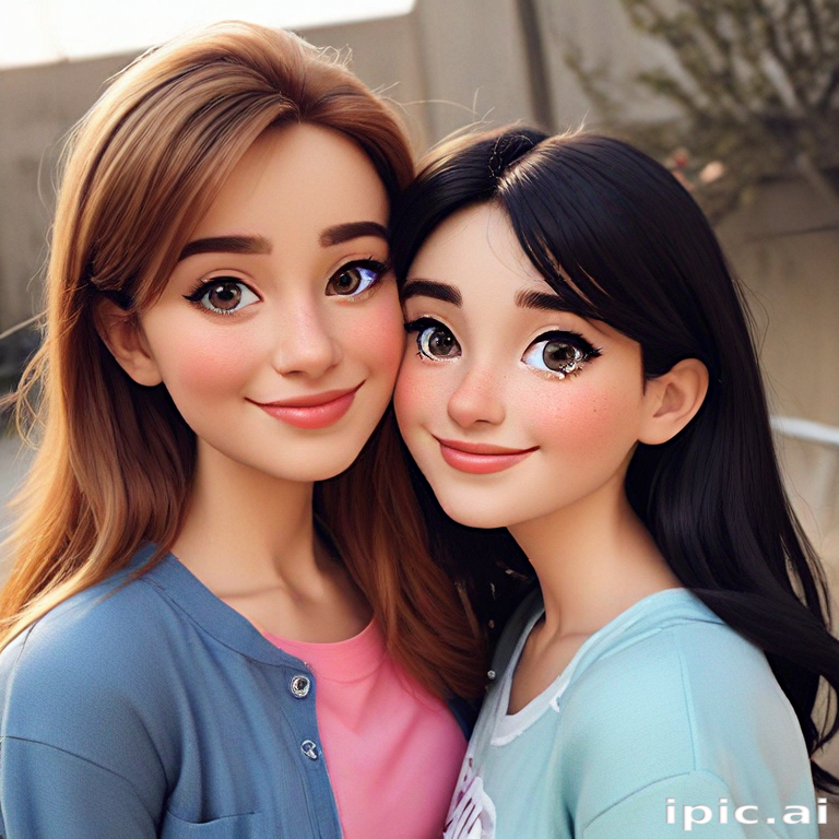 Two Friends Smiling Happily Together Under a Bright Blue Sky