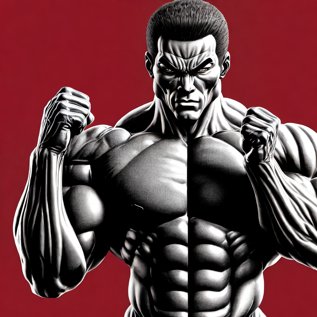 pose of the baki character with his hand on his chin, and the mr ...